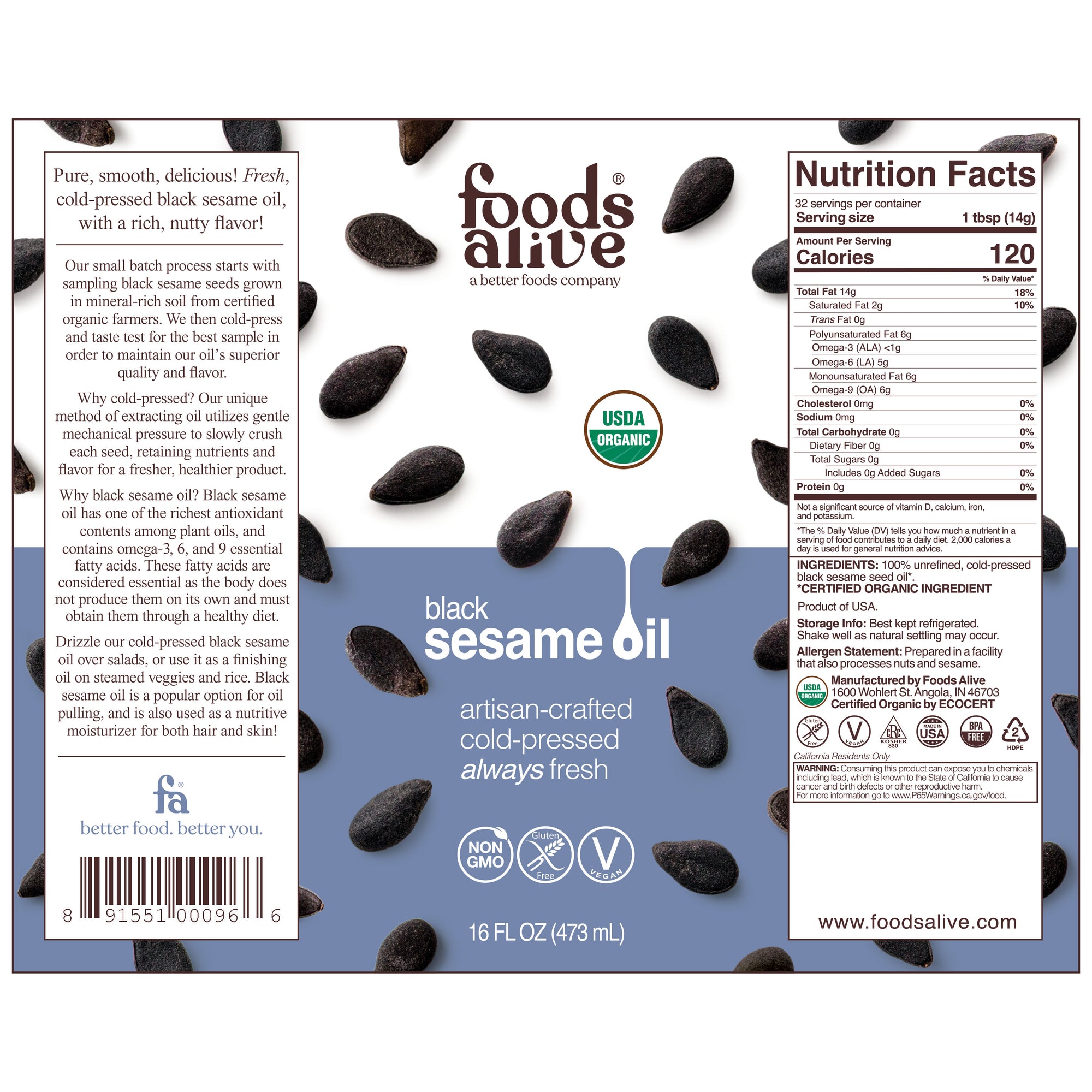Organic Black Sesame Seed Oil - Cold Pressed Oil – Foods Alive Inc.