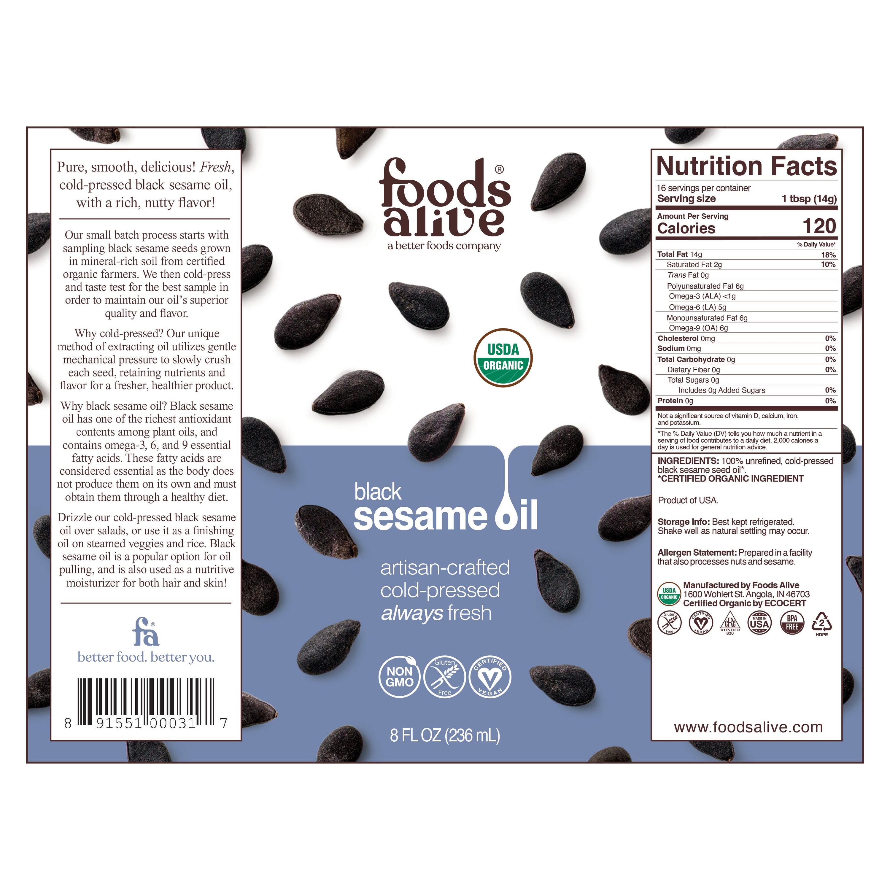 Black Sesame Seed Oil - Organic, Cold Pressed Oil – Foods Alive Inc.