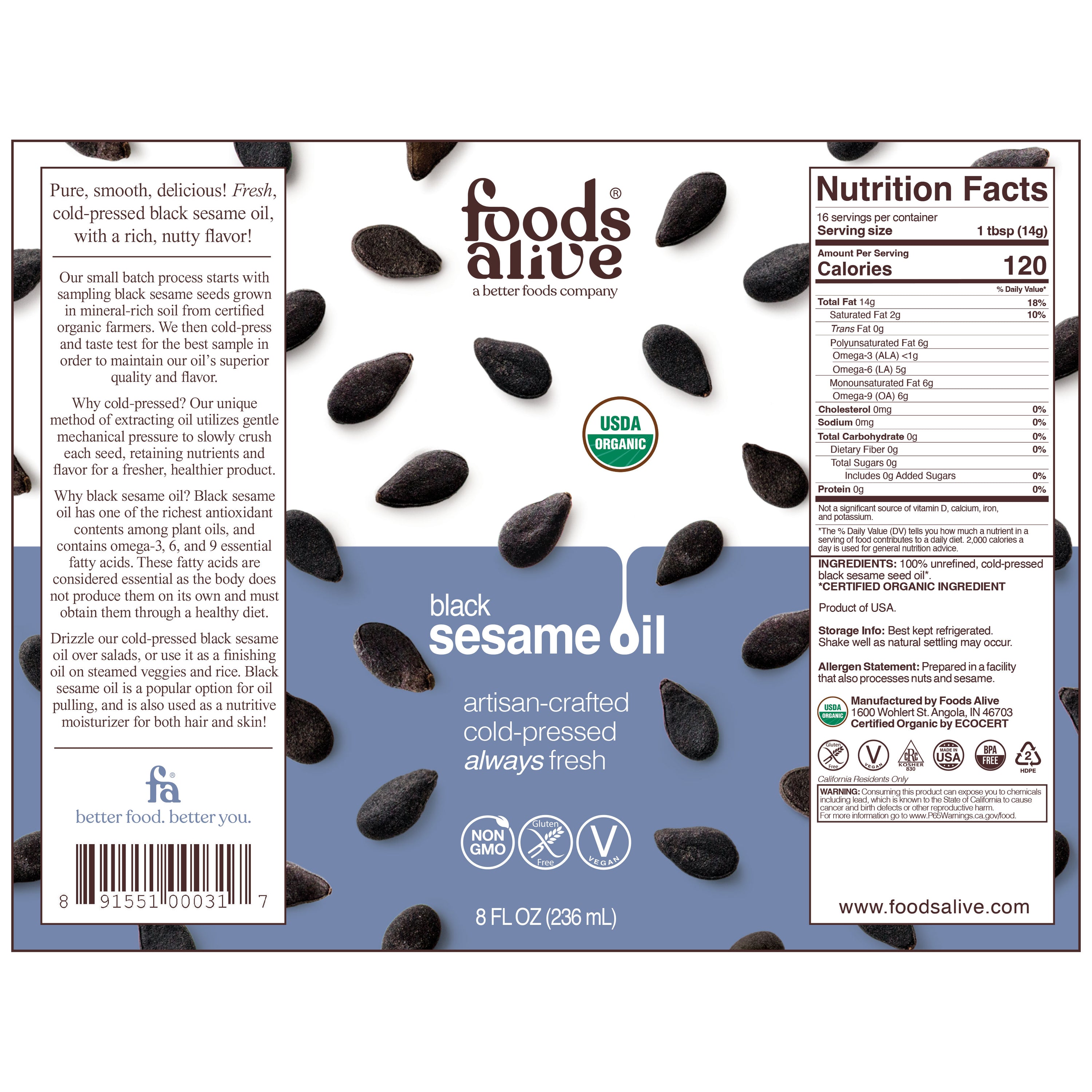 Organic Black Sesame Seed Oil - Cold Pressed Oil – Foods Alive Inc.